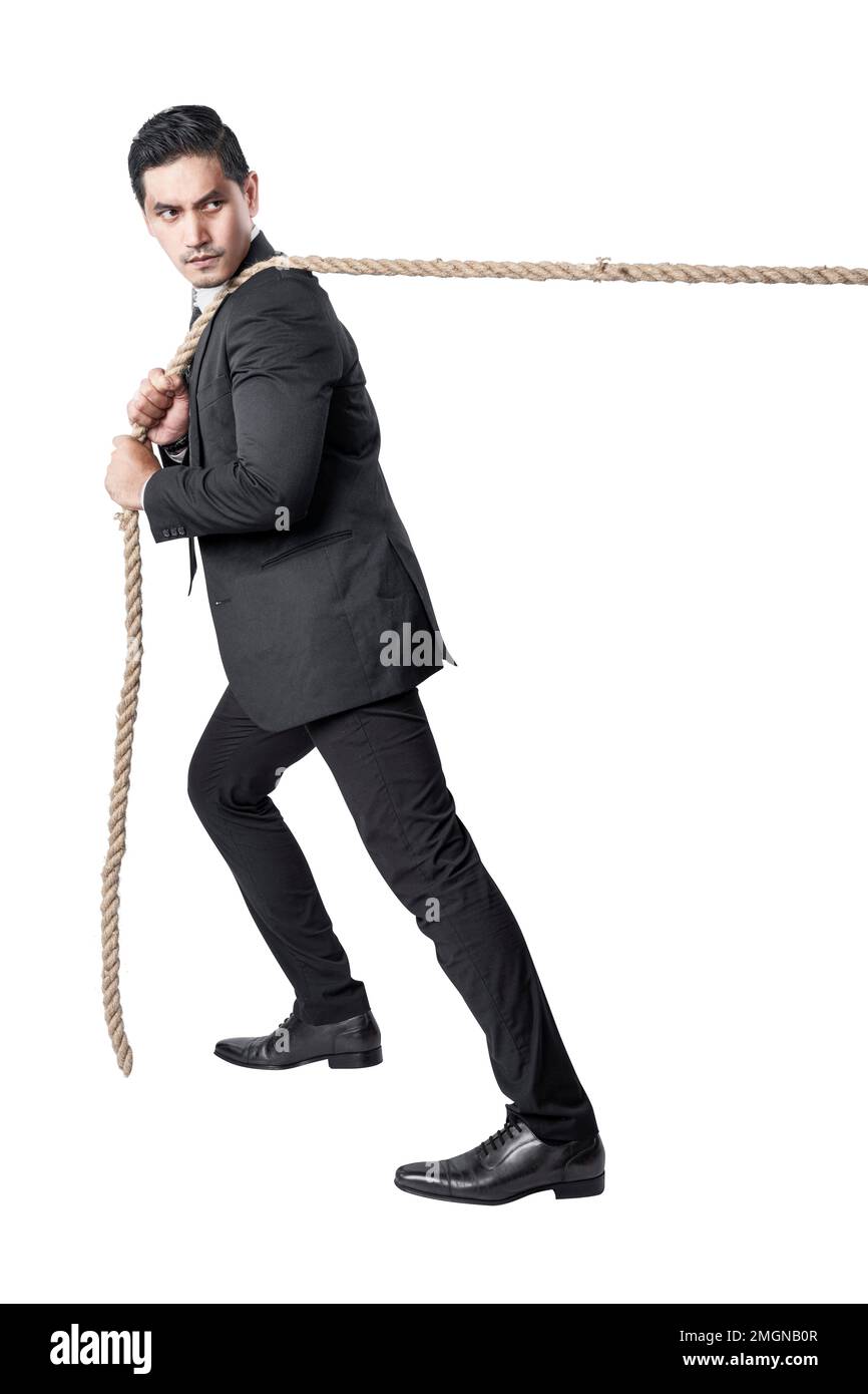 Asian businessman pulling the rope isolated over white background Stock ...