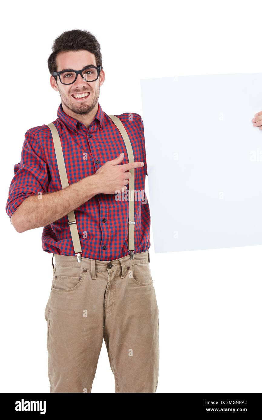 Portrait, banner and portrait of man in studio with paper, billboard ...