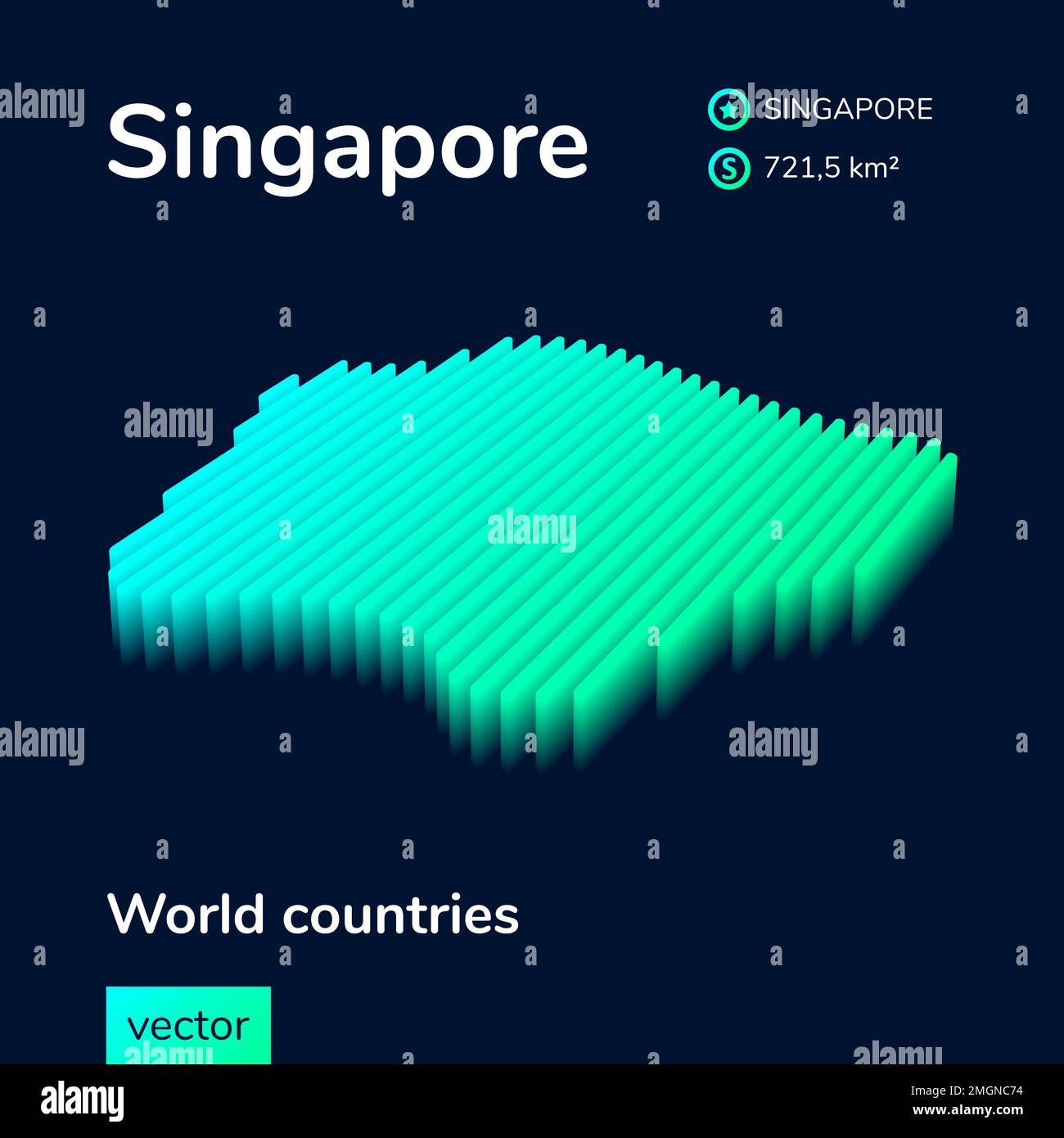 Singapore 3D map. Stylized neon isometric Map of Singapore in green colors on dark blue ...