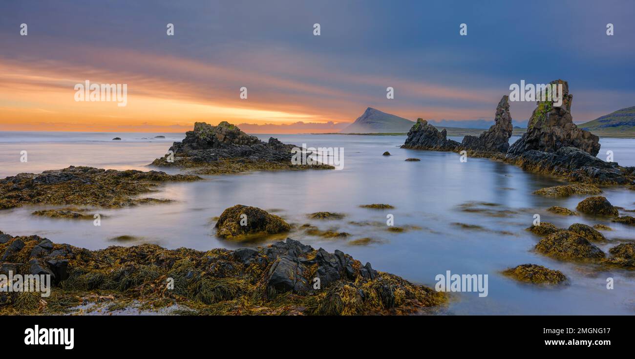 Coastal landscape in the Arneshreppur at bay Trekyllisvik. The Strandir ...