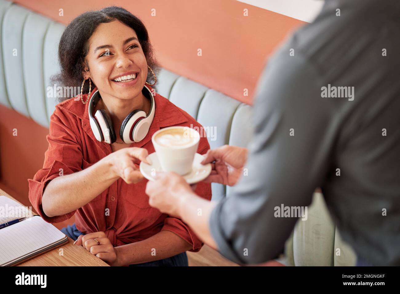 Black woman, customer and smile for coffee from waiter at cafe for ...