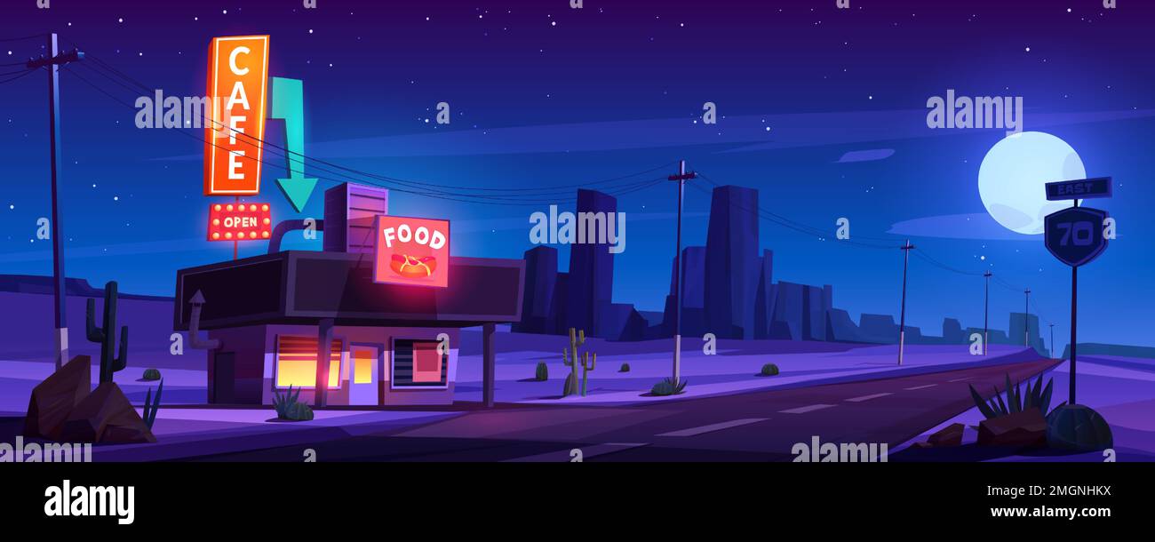 Street cafe, american diner on road in desert at night. Dark landscape ...