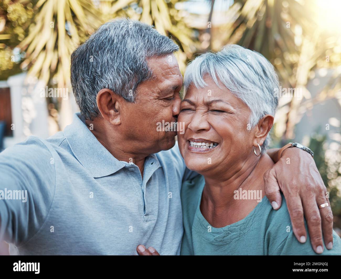 Love, kiss and happy with selfie of old couple for retirement, smile ...