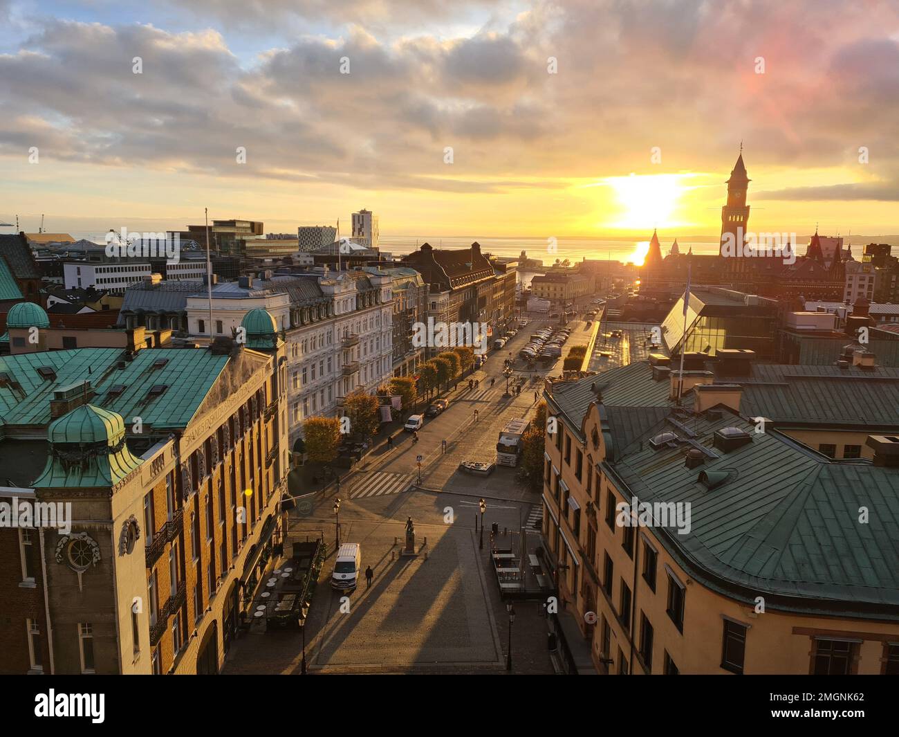 An aerial shot of the Helsingborg city in Sweden with the sea and the ...