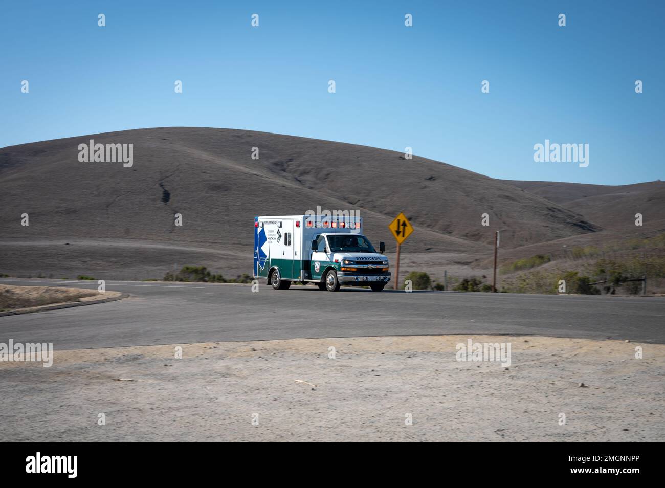 Detail of a Chevrolet Express ambulance running on the highways of the ...