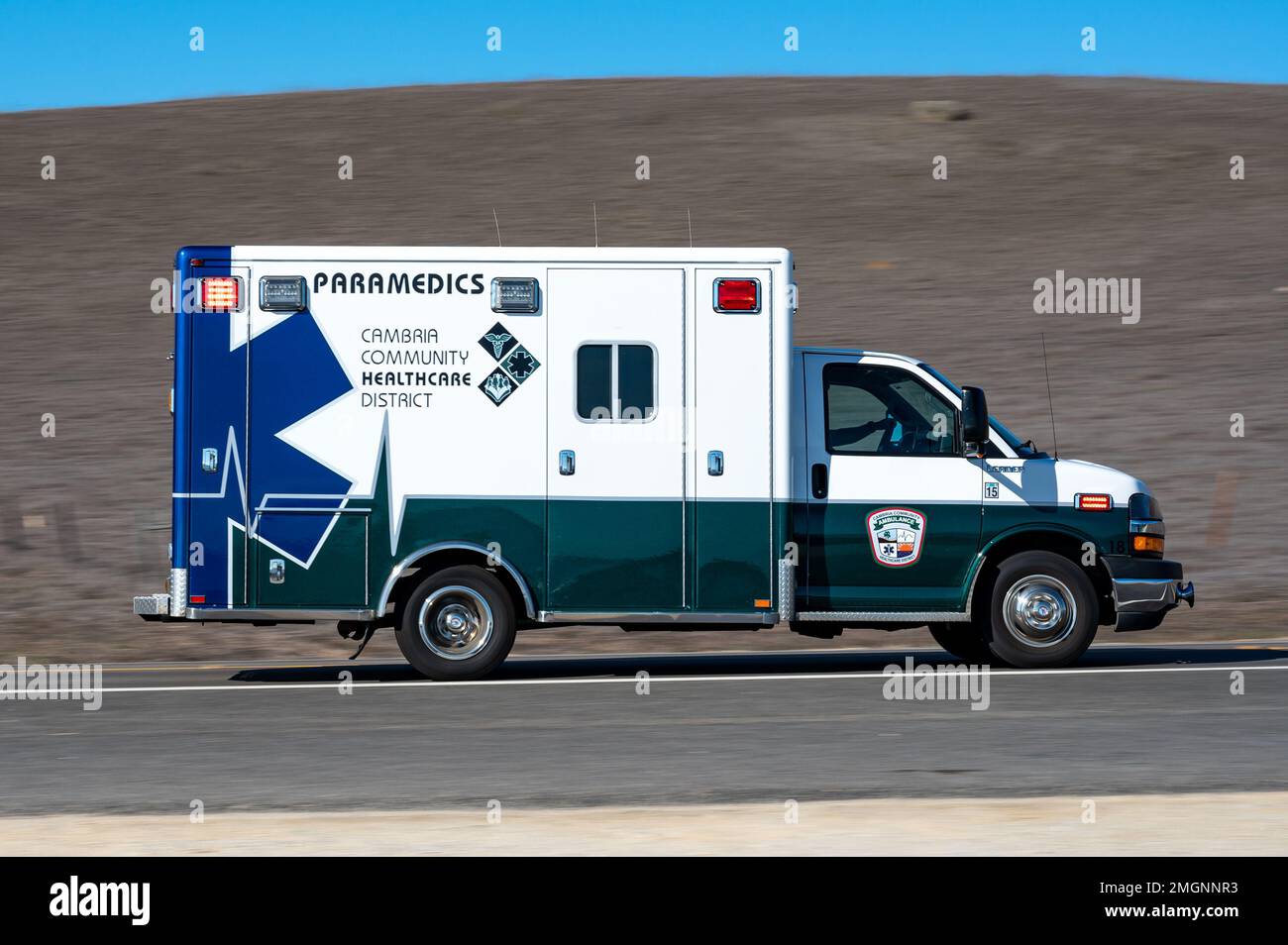 Detail of a Chevrolet Express ambulance running on the highways of the ...