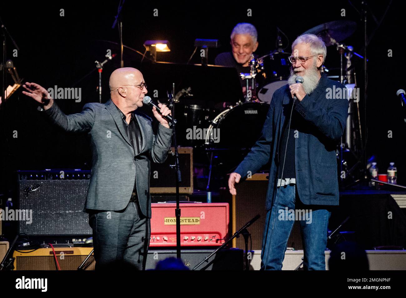 Paul Shaffer, left, and David Letterman speak at Love Rocks NYC!, a ...