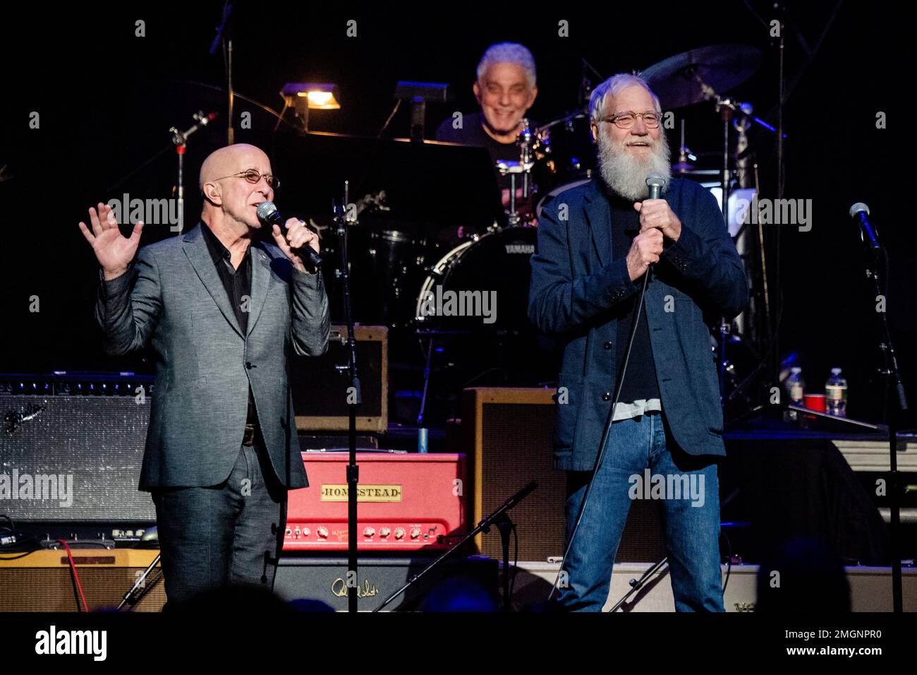 Paul Shaffer, left, and David Letterman speak at Love Rocks NYC!, a ...
