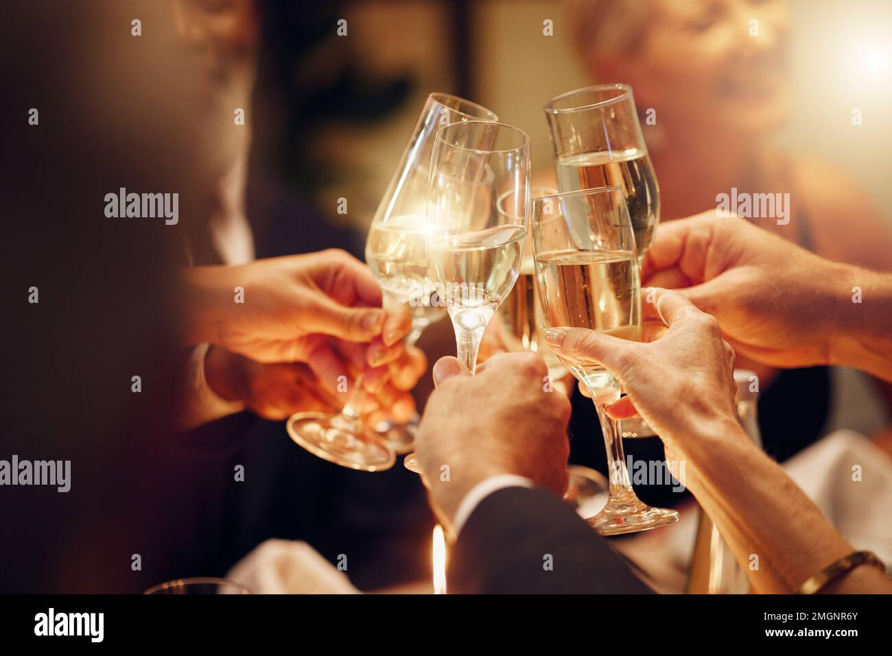 Success, hands or toast in a party for goals, winning deal or new year ...