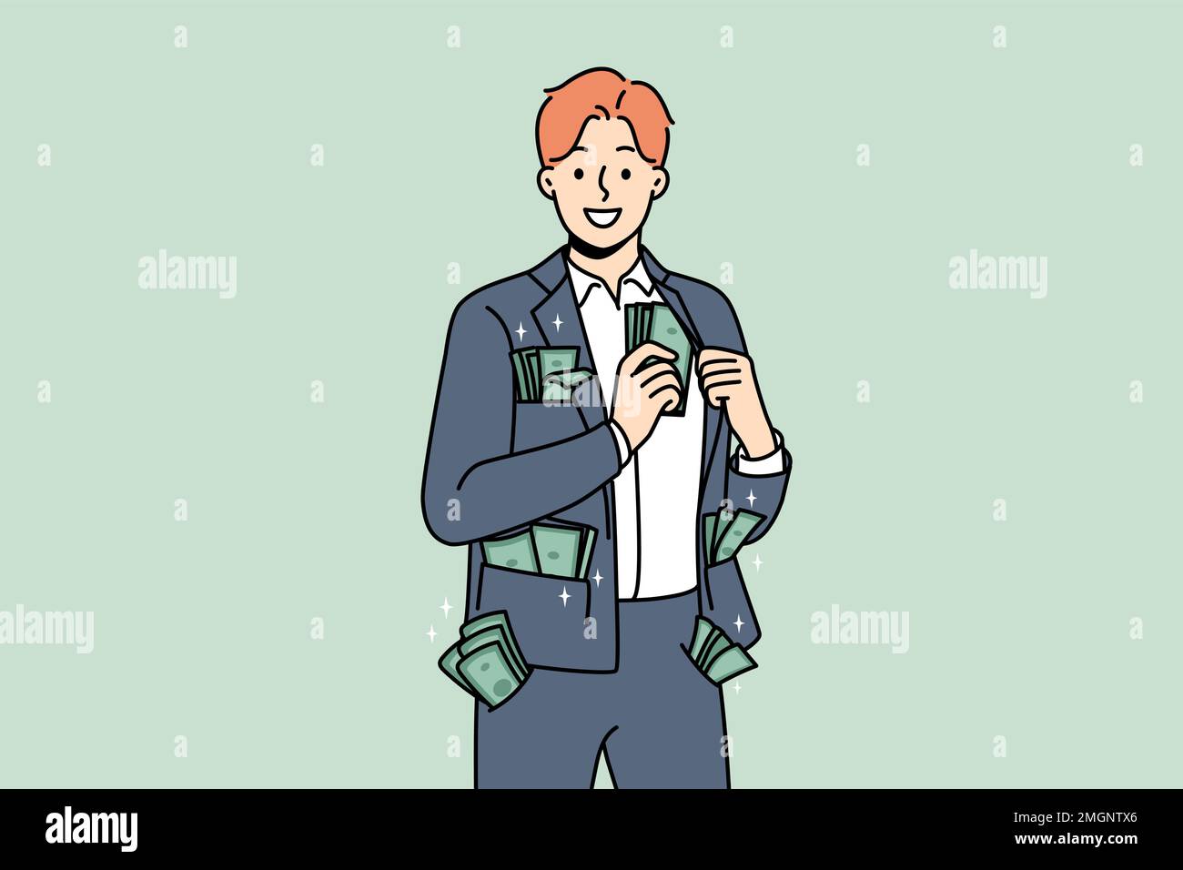 Wealthy businessman with money in all pockets show success. Smiling ...