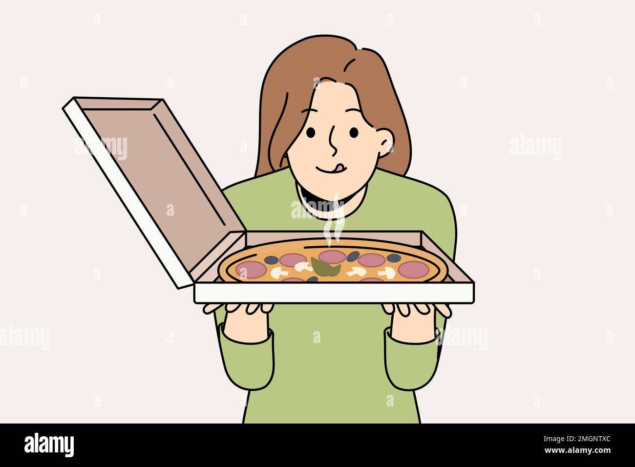 Happy hungry young woman excited about fresh tasty pizza in takeout box ...