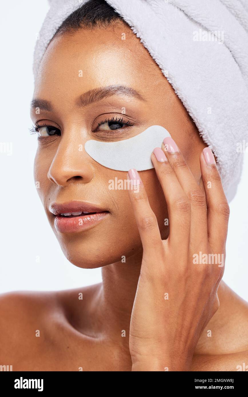 Spa eye patch, skincare and beauty of a woman portrait in studio for ...