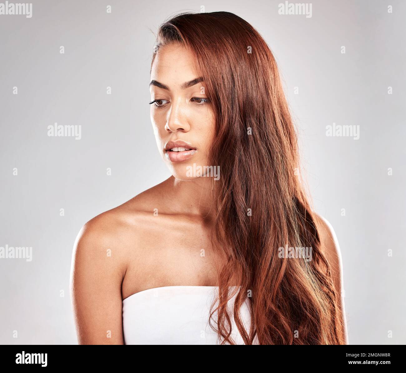 Woman is thinking with hair, face and beauty, skin and care glow with ...