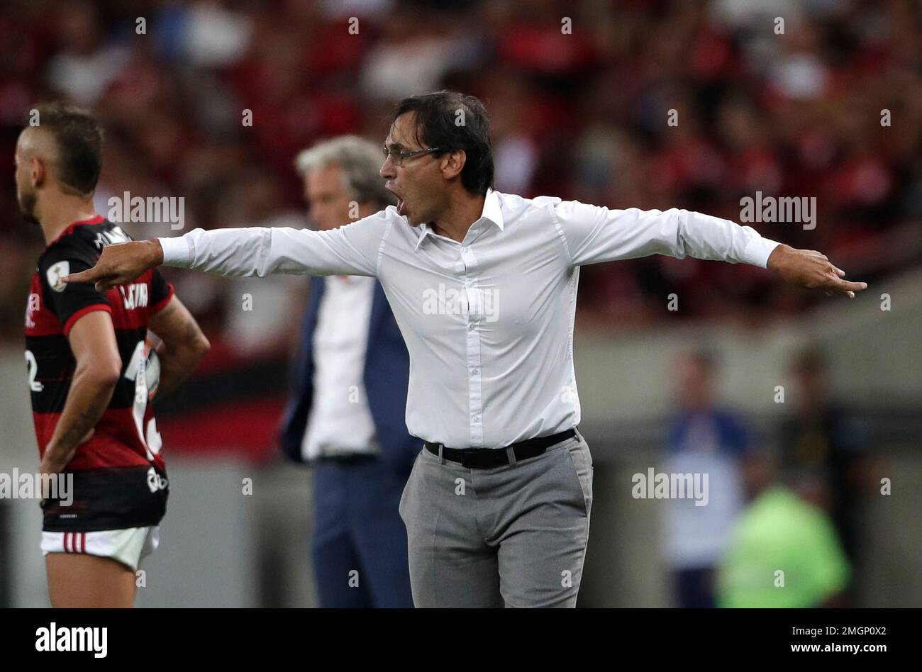 Coach Fabian Bustos of Ecuador's Barcelona gestures during a Copa ...