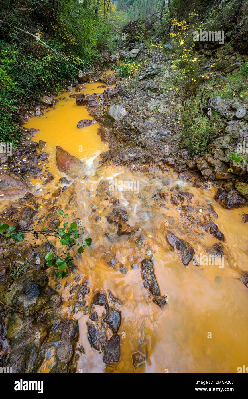River heavily polluted by mining waste in the Cevennes. The Reigoux ...