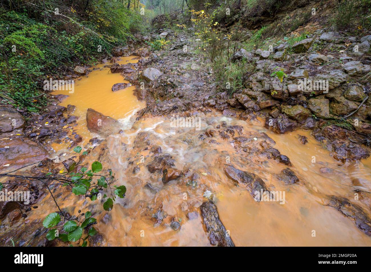 River heavily polluted by mining waste in the Cevennes. The Reigoux ...
