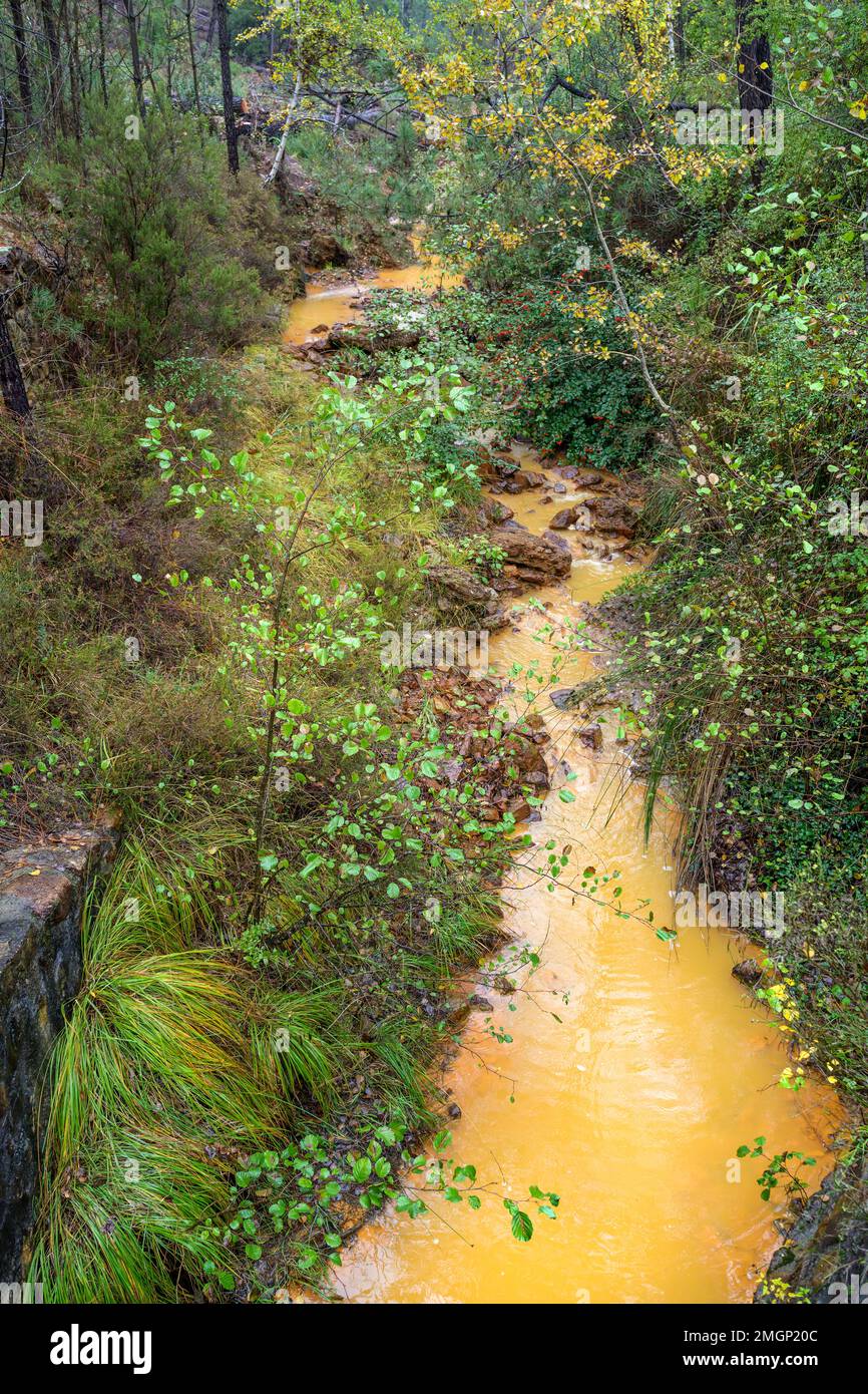 River heavily polluted by mining waste in the Cevennes. The Reigoux ...