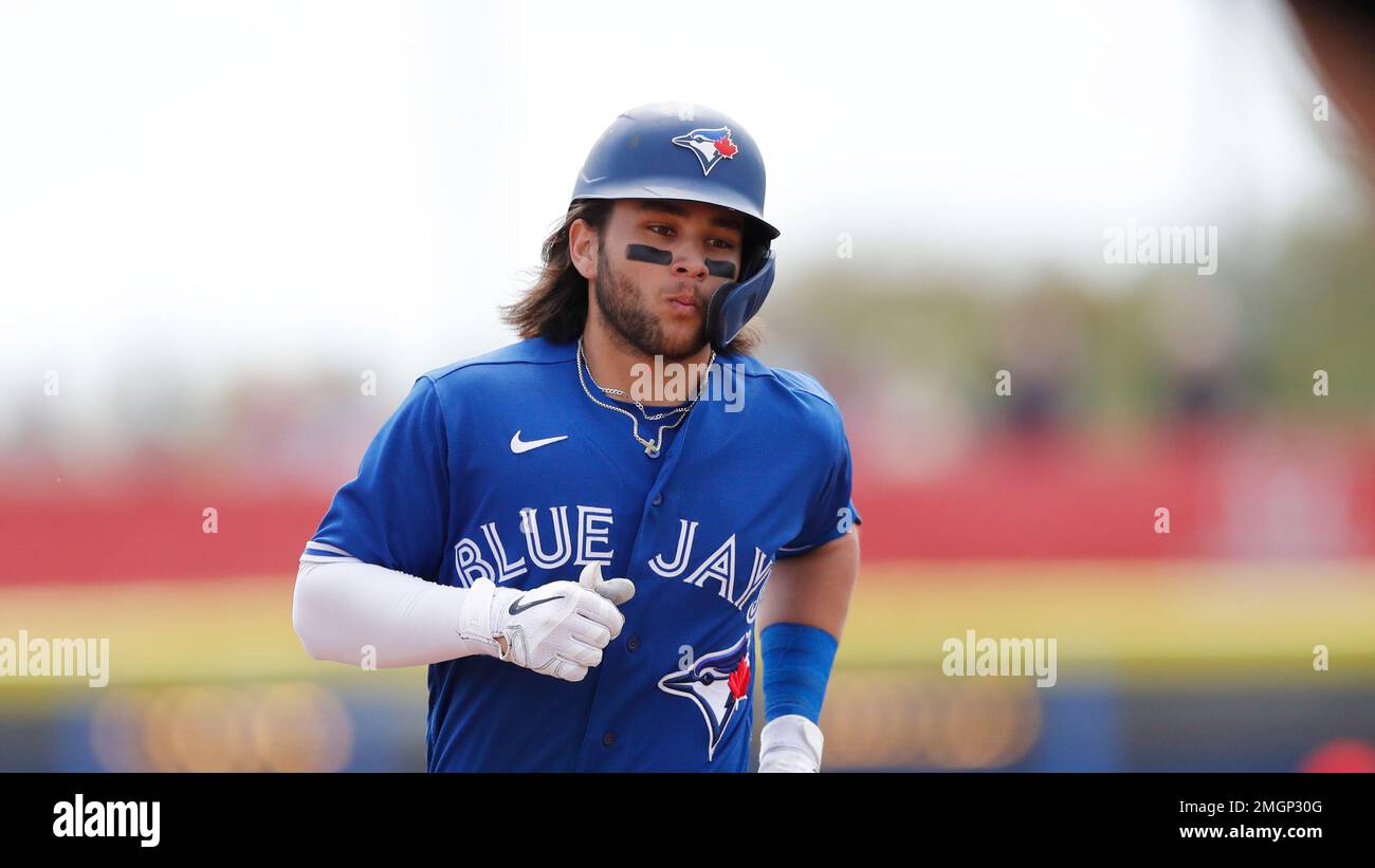 Toronto Blue Jays' Bo Bichette runs during a spring training baseball ...