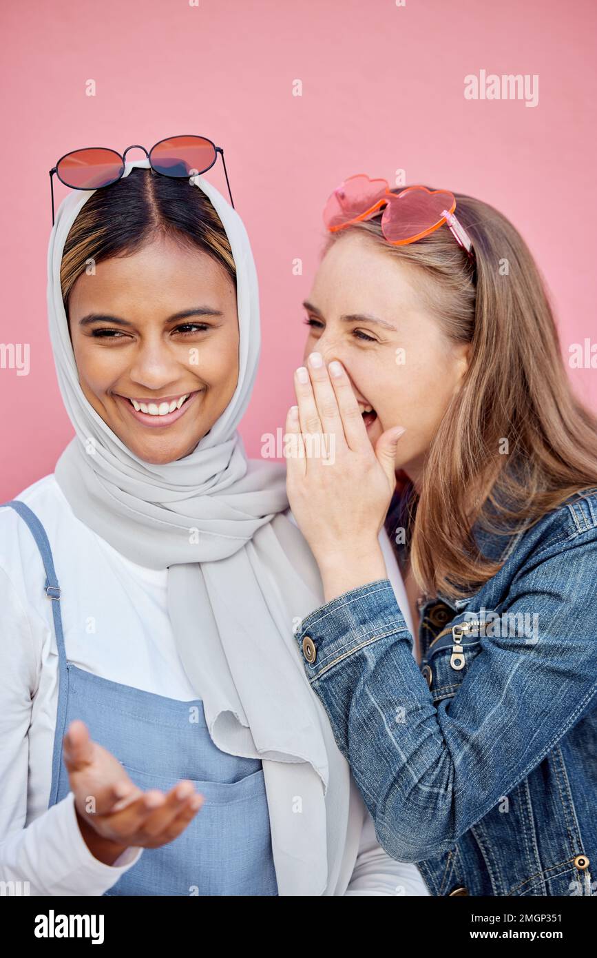 Secret, happy and talking friends in the city, sharing gossip and ...