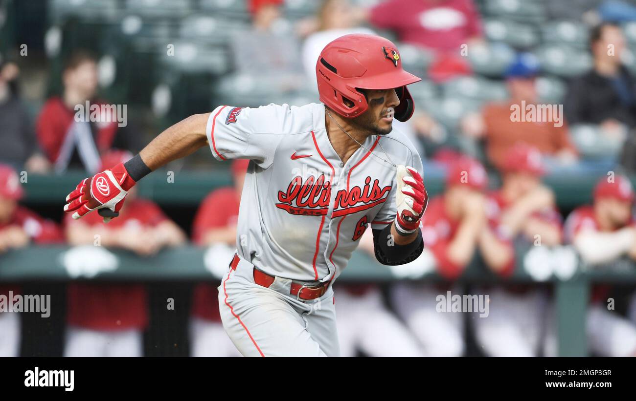 Illinois State batter Aidan Huggins tries to beat the throw to first ...