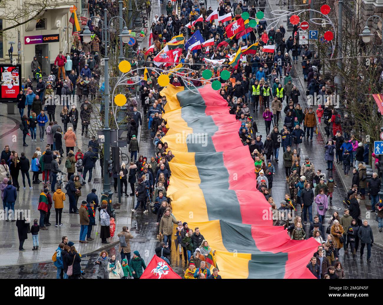 People carry a giant Lithuanian flag during a celebration of Lithuania ...
