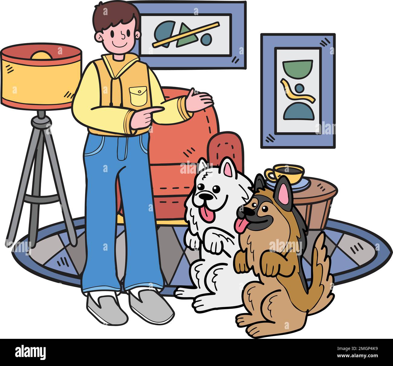 Hand Drawn dog is being trained by owner illustration in doodle style ...