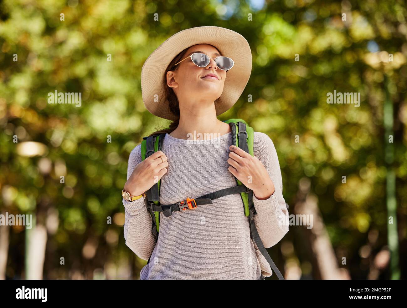 Hiking, woman thinking and adventure, outdoor and walking for wellness ...