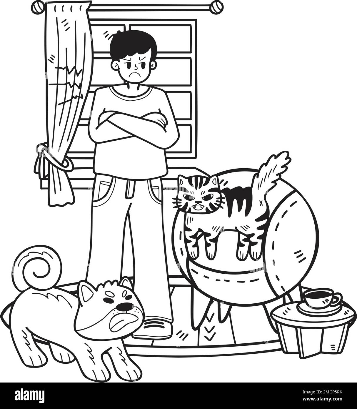 Hand Drawn Owner angry with naughty dogs and cats illustration in ...