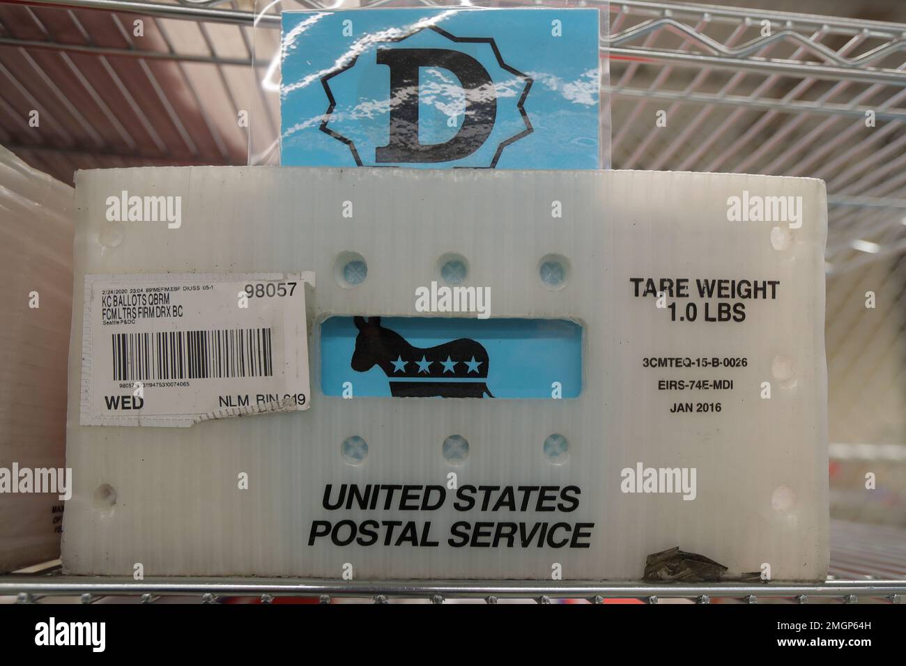 A box of ballots mailed in for the Washington state primary election ...