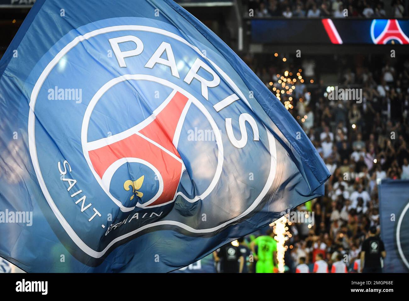 Illustration of the official flag of PSG during the French championship ...