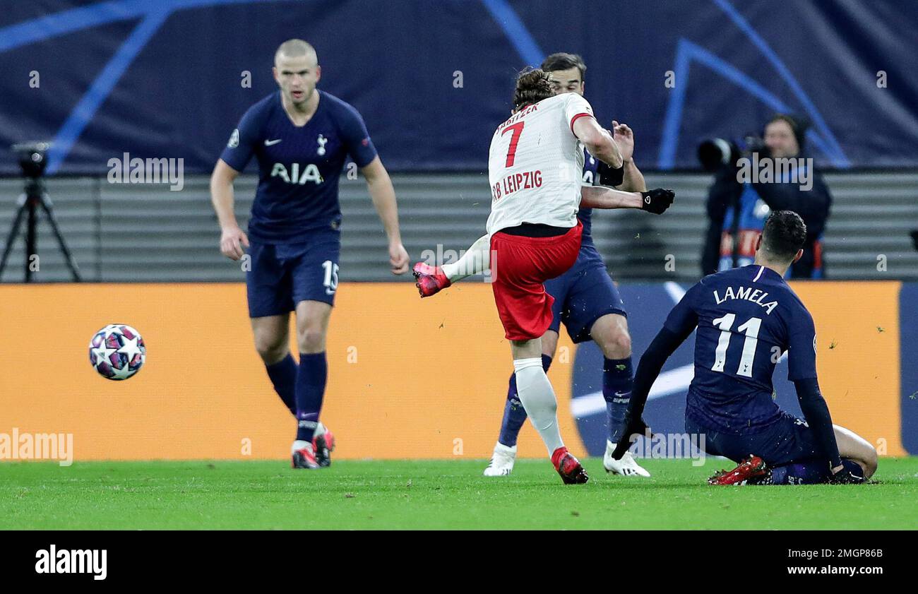 Leipzig's Marcel Sabitzer scores the opening goal during the Champions ...