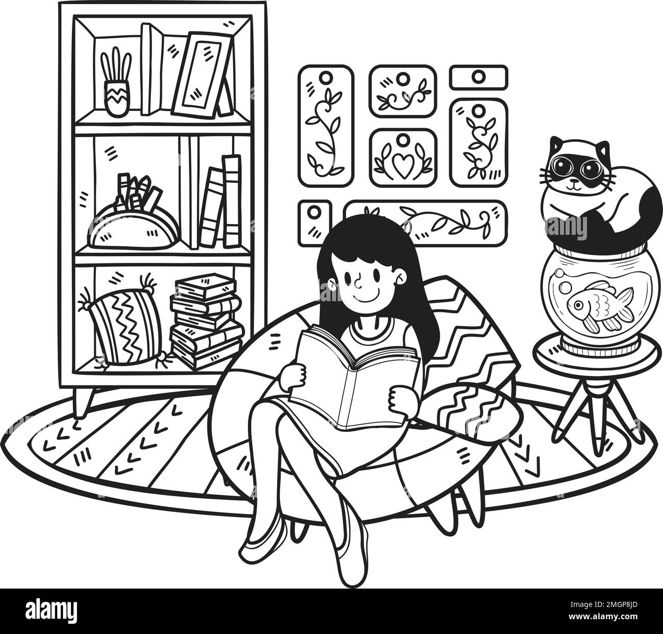 Hand Drawn The owner sits and reads a book with the cat in the living ...