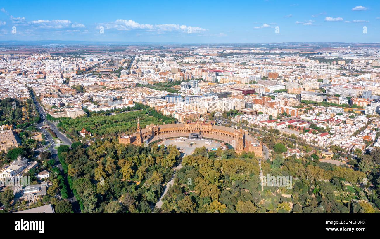 Aerial view of Spanish city of Seville in Andalusia region on river ...