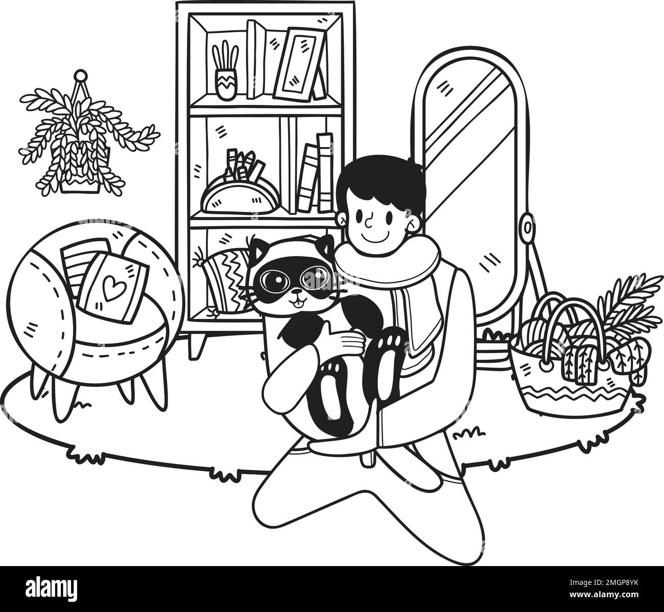 Hand Drawn The owner sits and hugs the cat in the room illustration in ...
