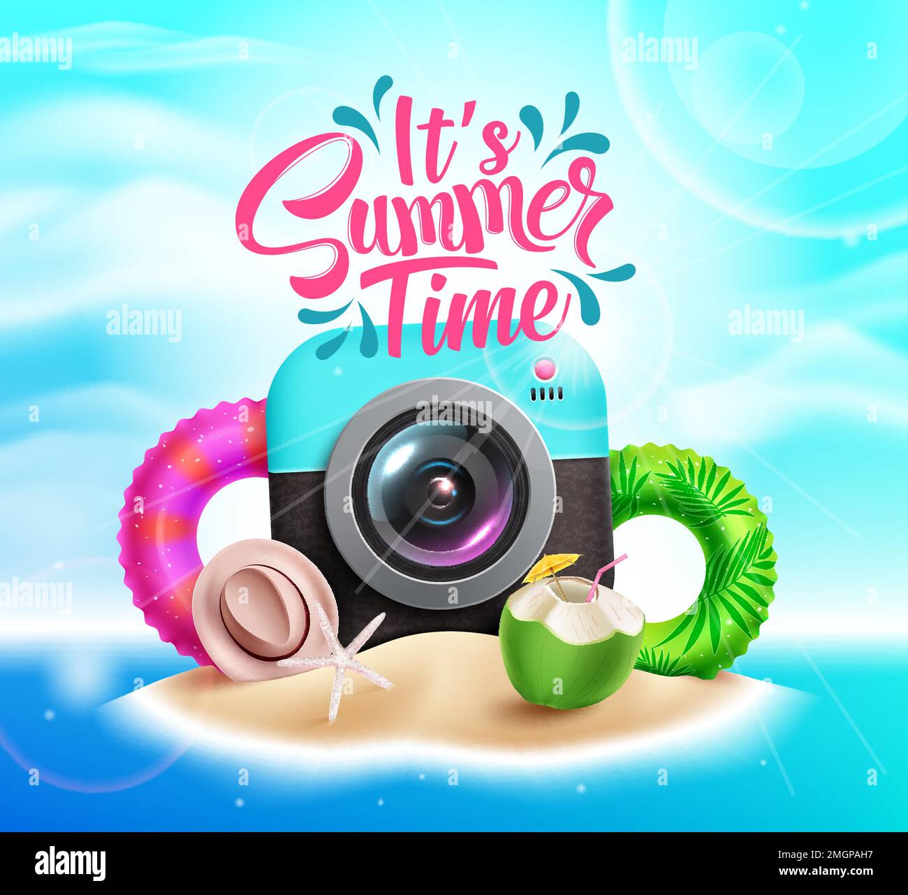 Summer time vector design. It's summer time text in island background with beach elements like ...