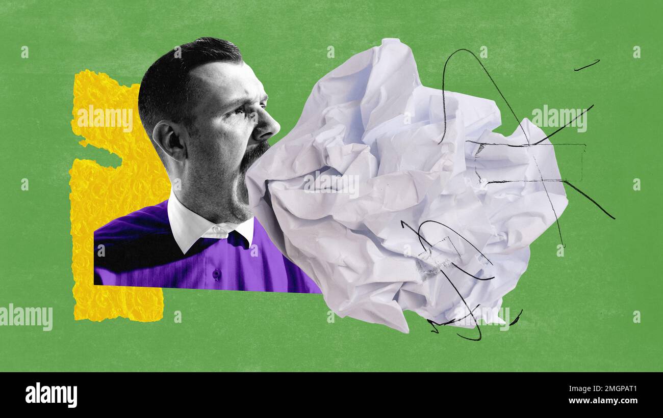 Contemporary art collage. Stylish man with paper making announcement ...