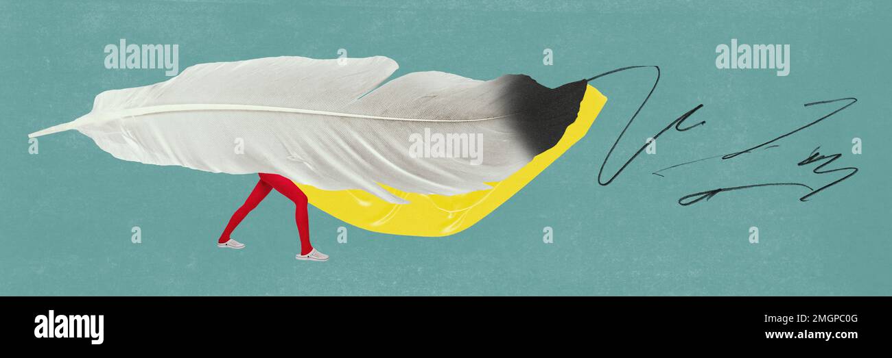 White quill running on human legs over light background with abstract ...