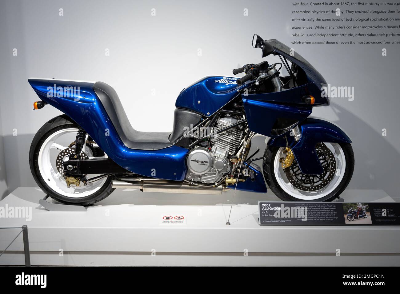 strange blue prototype motorcycle, it is an A-6 Alligator Stock Photo ...