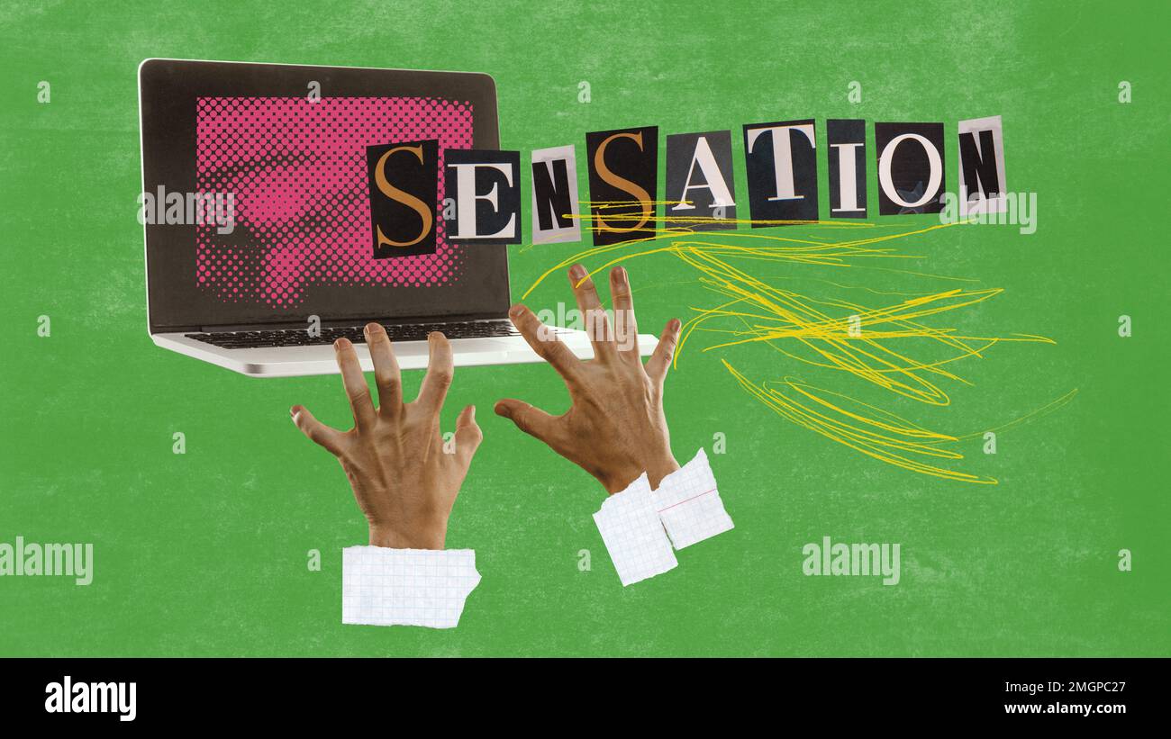 Contemporary art collage. Human hands typing breaking news on laptop ...