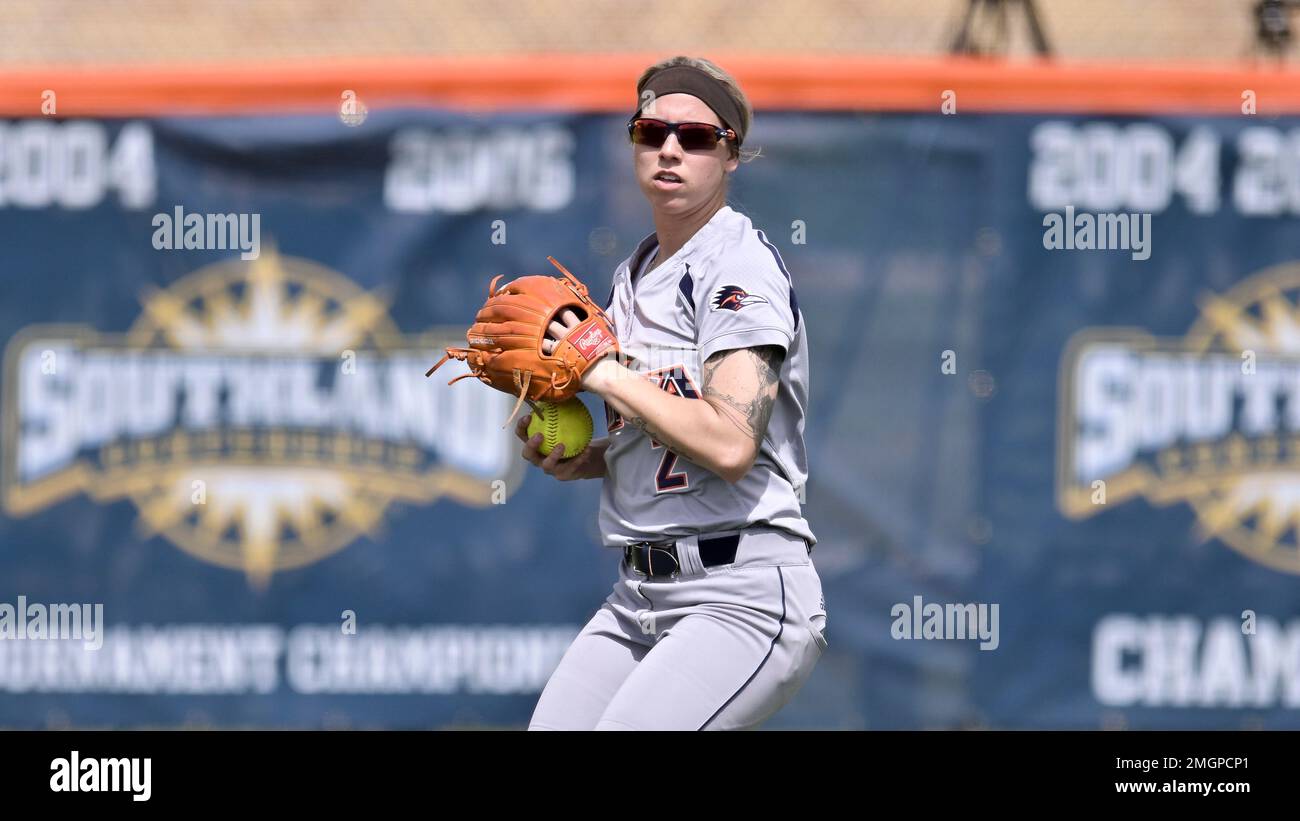 UTSA's Celeste Loughman fields the ball during an NCAA softball game ...