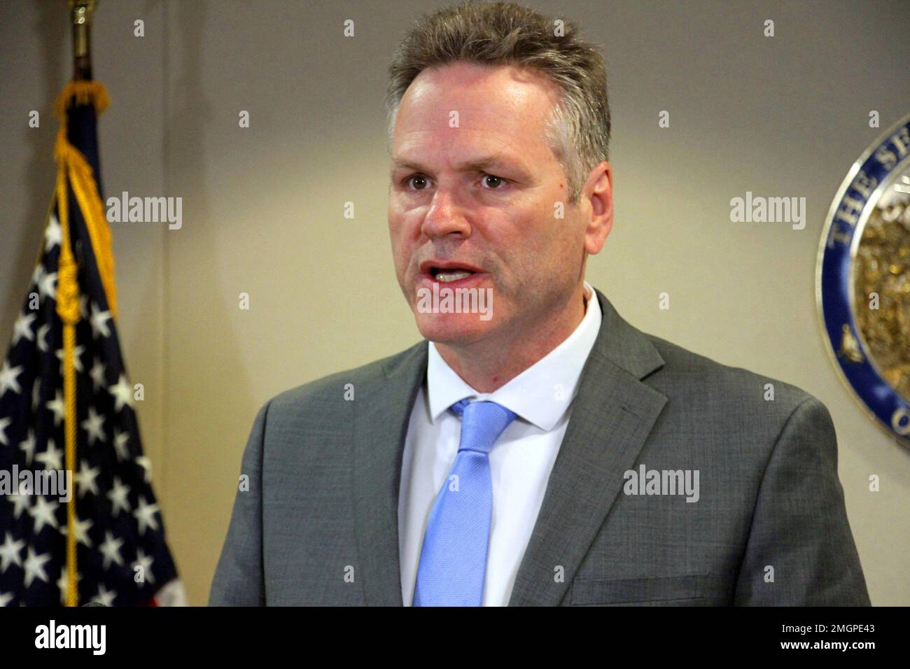 Alaska Gov. Mike Dunleavy addresses reporters at a news conference ...