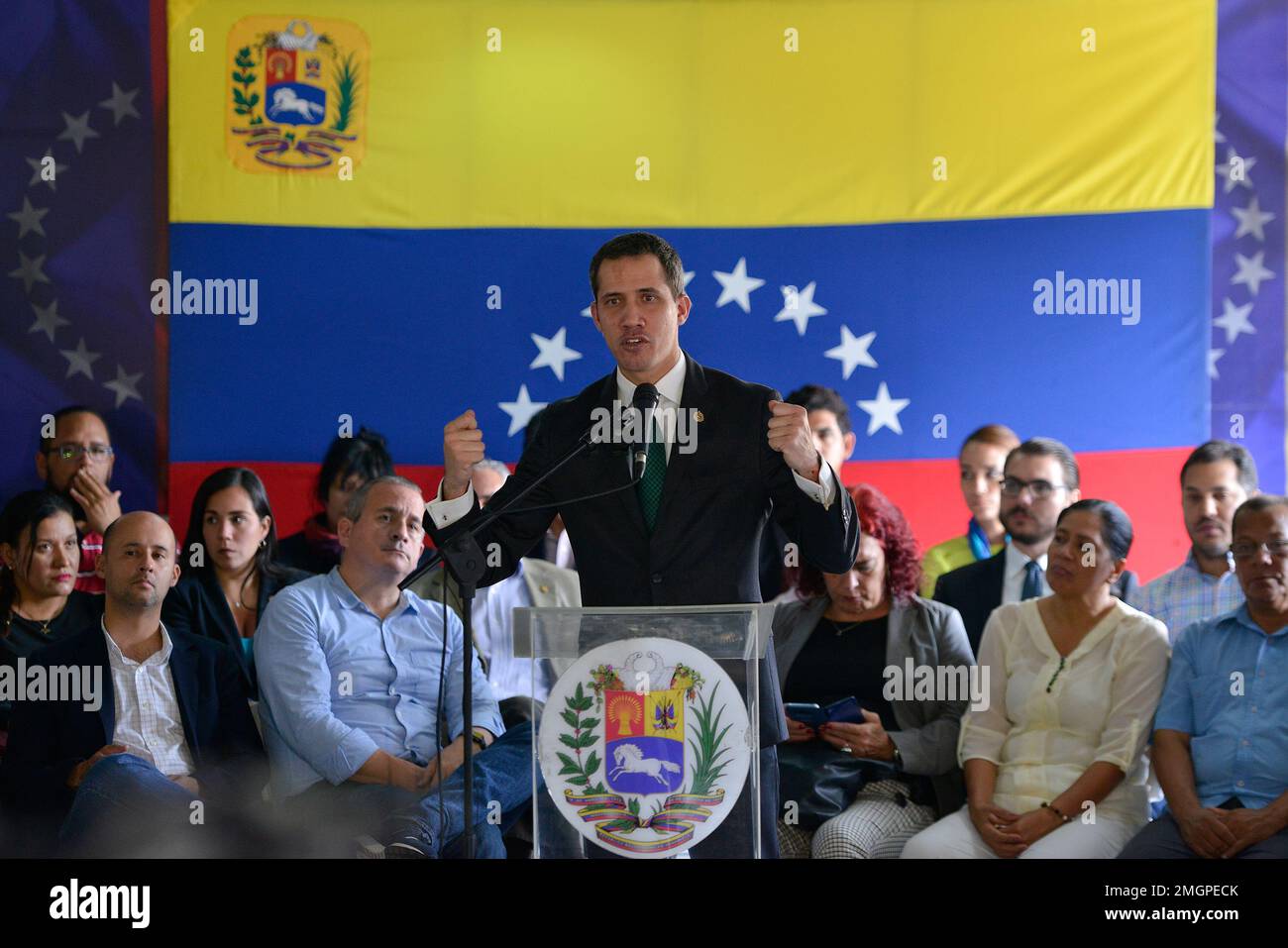 Opposition leader Juan Guaido speaks during a press conference in ...
