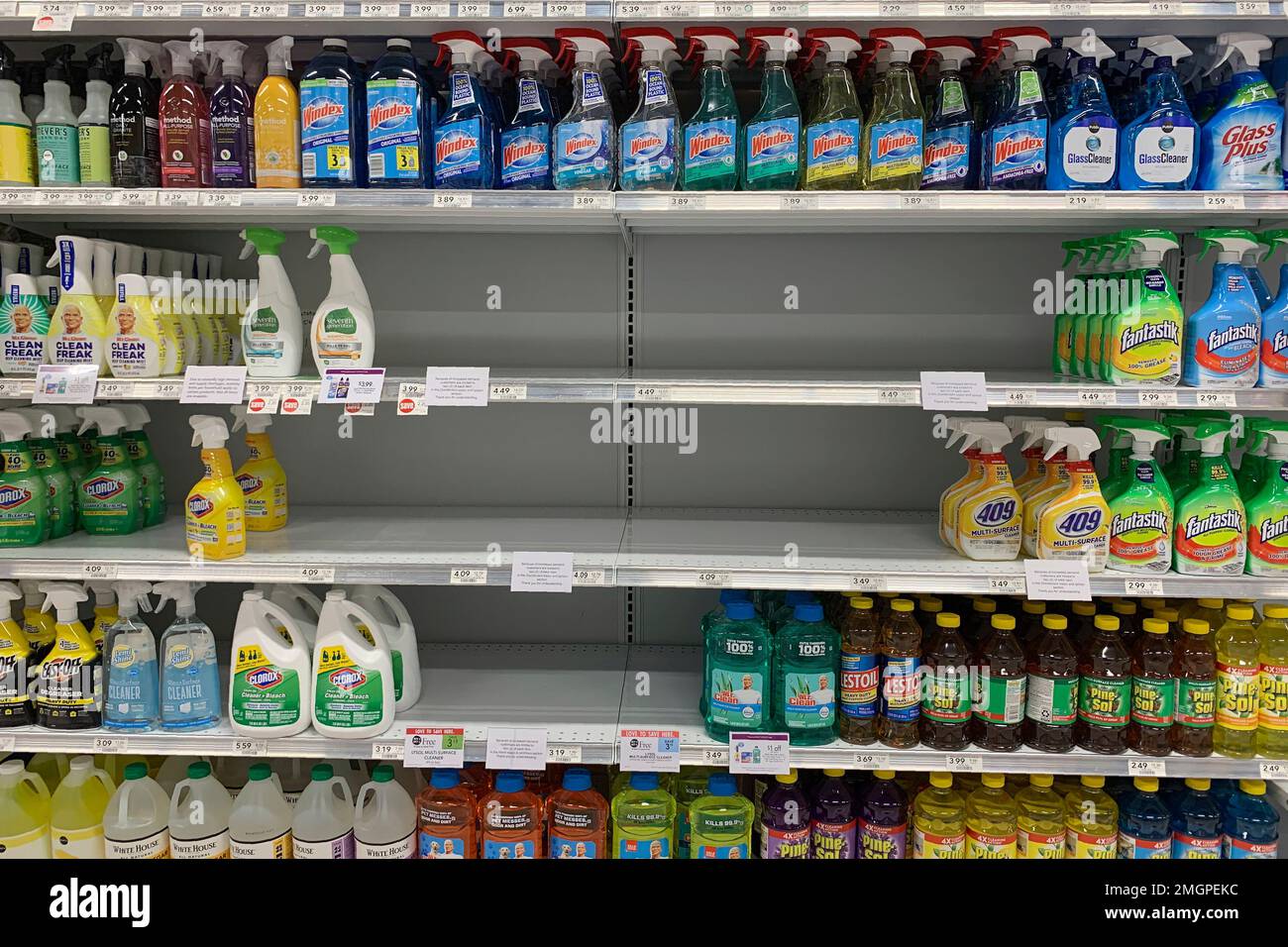 Empty shelves of cleaning supplies are seen at a Publix Supermarket ...