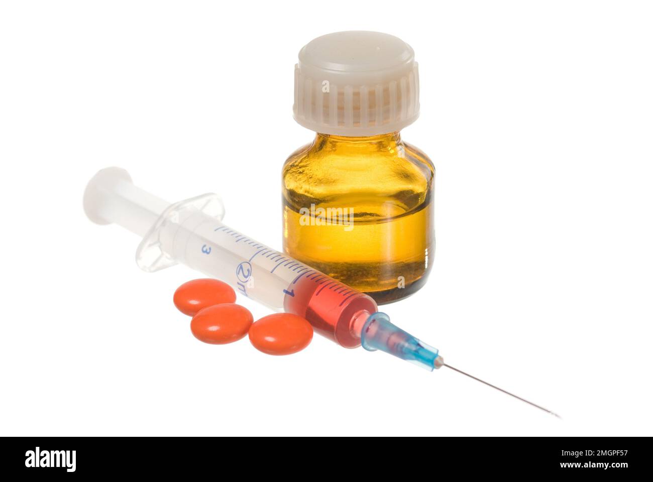 Pills and liquid medicine with a syringe on white Stock Photo - Alamy