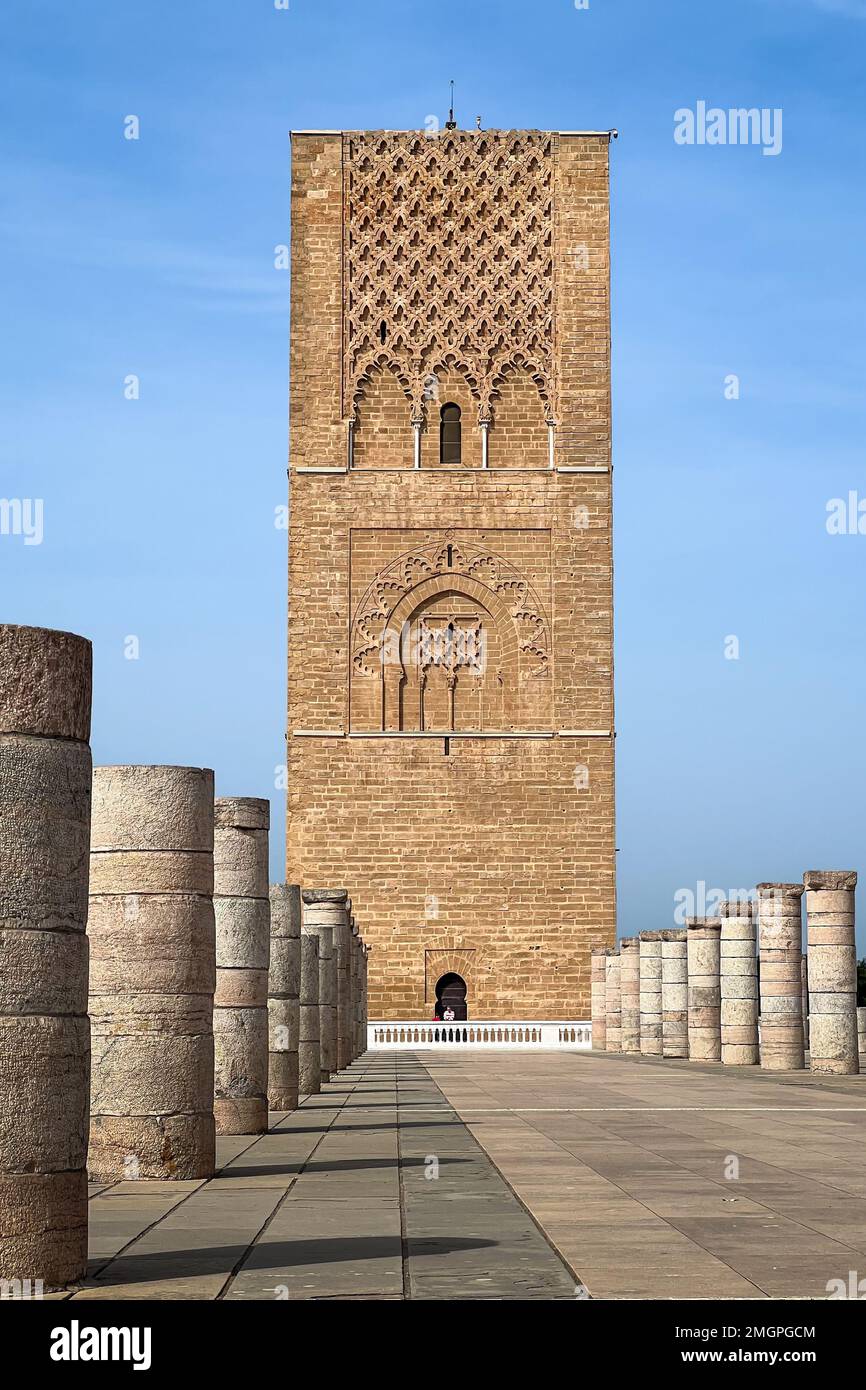 People visiting the Hassan Tower and the columns in Rabat, Morocco ...
