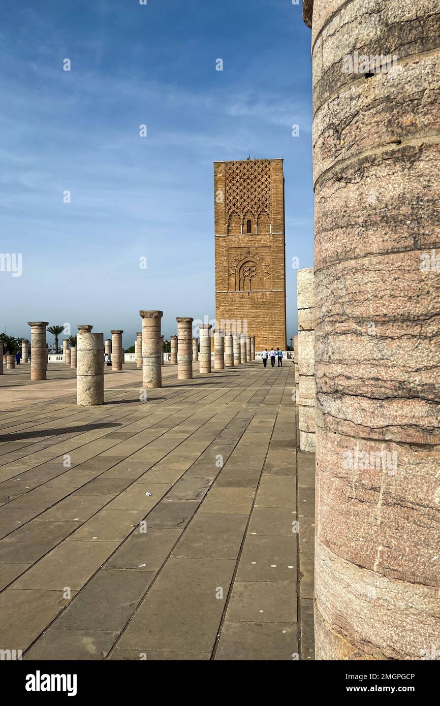 People visiting the Hassan Tower and the columns in Rabat, Morocco ...