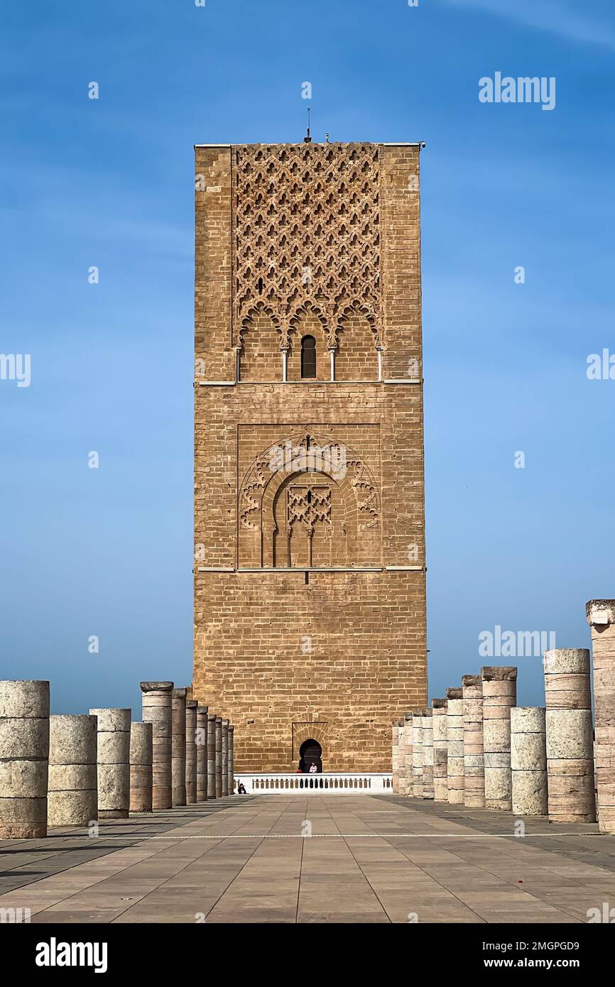 People visiting the Hassan Tower and the columns in Rabat, Morocco ...