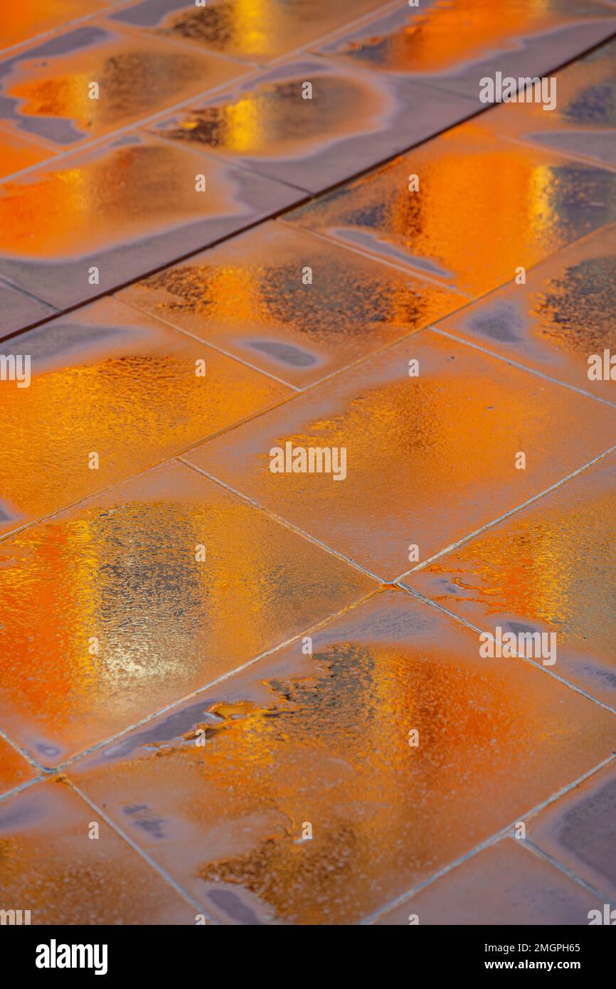 The sunlit wall of the Victoria and Albert museum reflected in wet ...