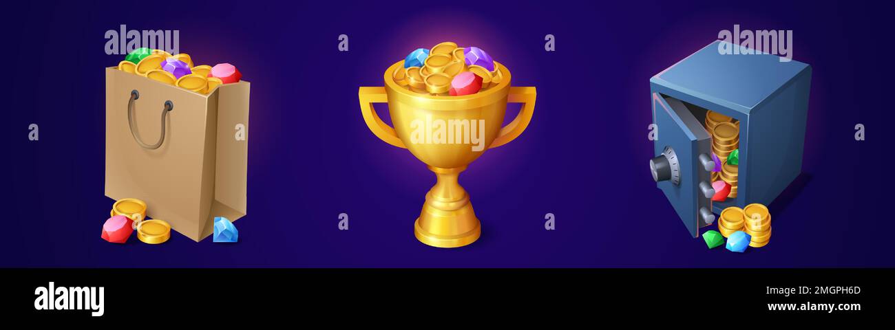 Piles of gold coins and gemstones in golden cup, deposit box and paper ...