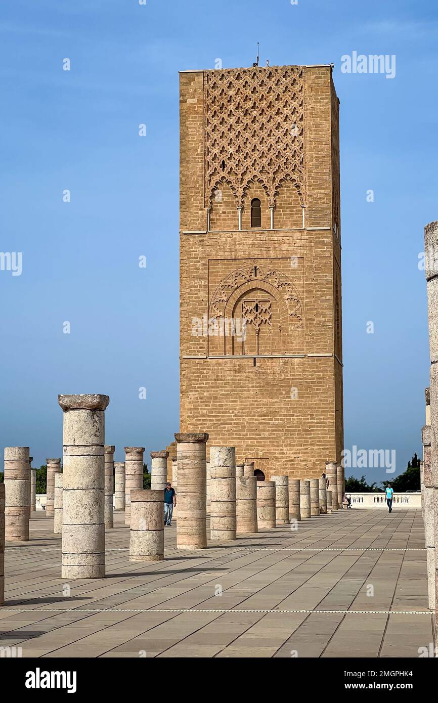 People visiting the Hassan Tower and the columns in Rabat, Morocco ...